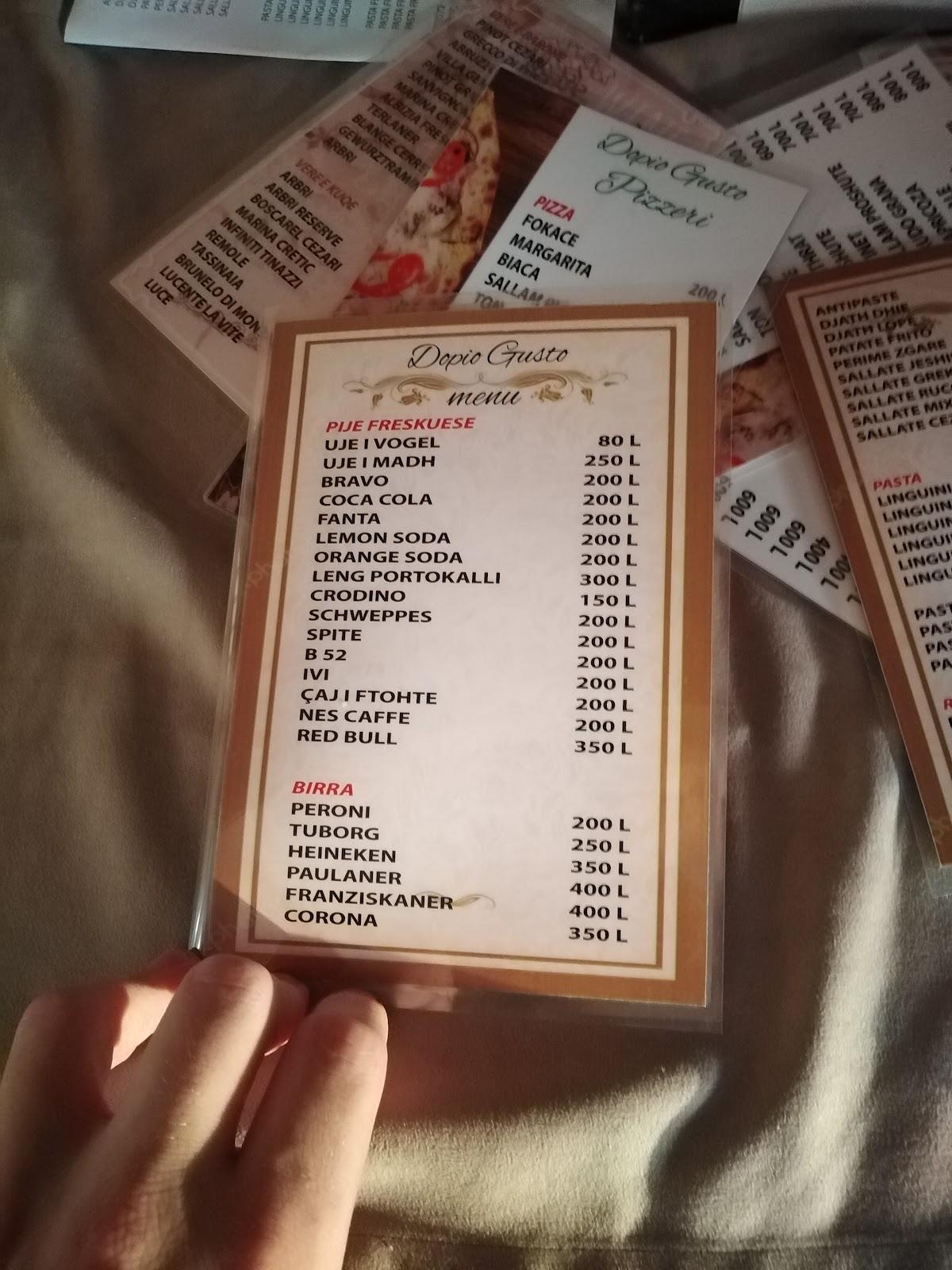 Menu at Doppio Gusto restaurant, Lezhë District