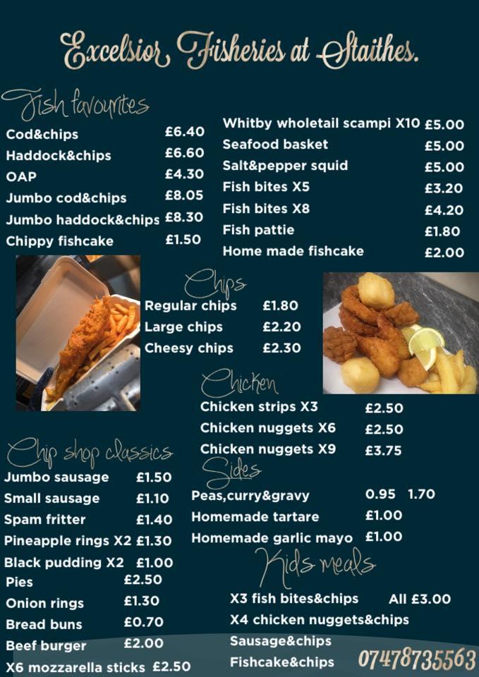 Menu at Excelsior Fisheries fast food, Staithes