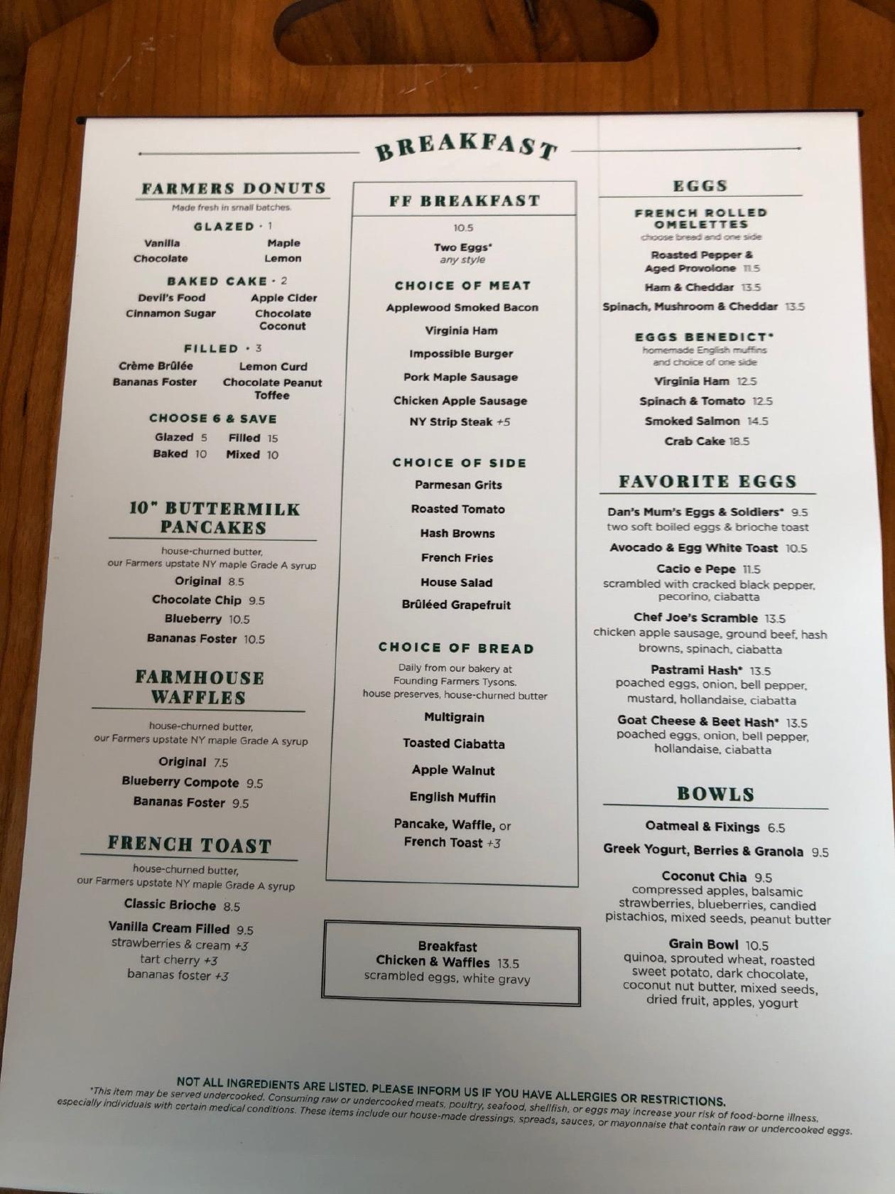 Menu at Founding Farmers Reston Station restaurant, Reston