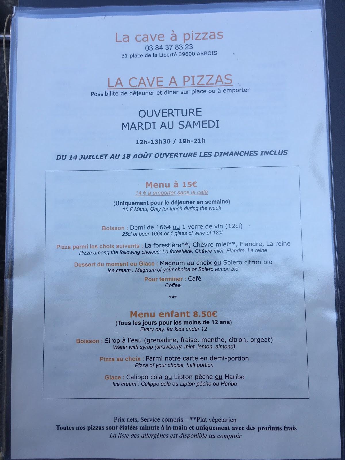 Carta del restaurante LA CAVE A PIZZA, Arbois, 31 Pl. del la Liberté