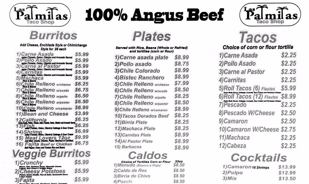 Menu at Las Palmitas Taco Shop restaurant, El Centro, S 4th St