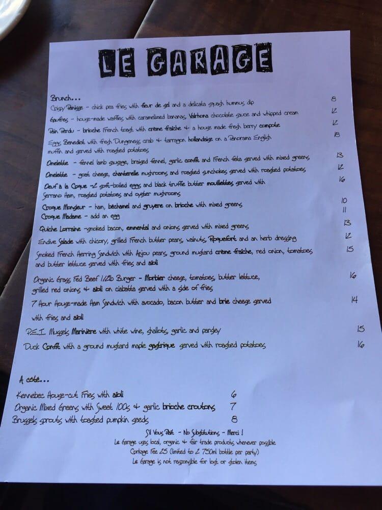 Menu at Le Garage restaurant, Sausalito