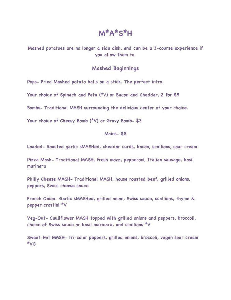 Menu at MASH -A Detroit Mashed Potato PopUp restaurant, Detroit