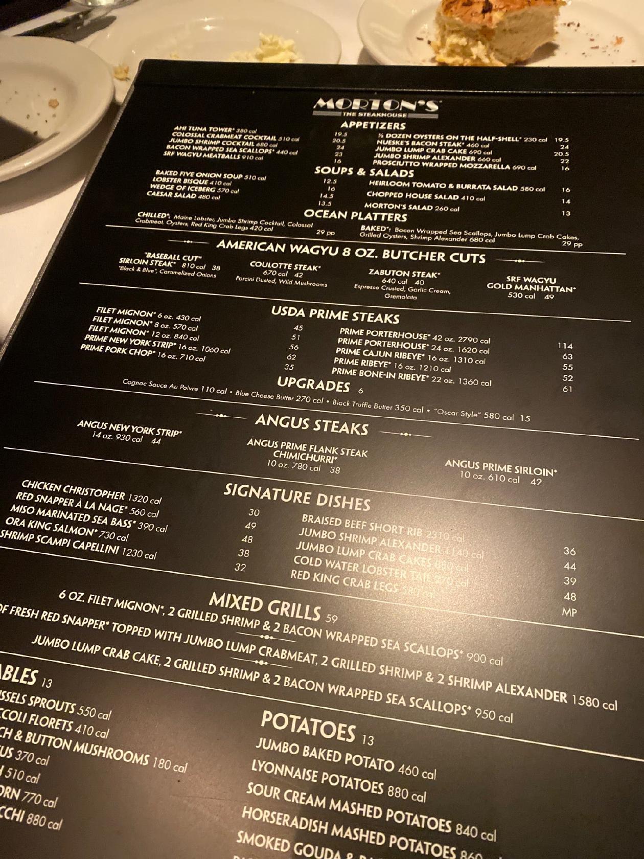 Menu at Morton's The Steakhouse, Biloxi