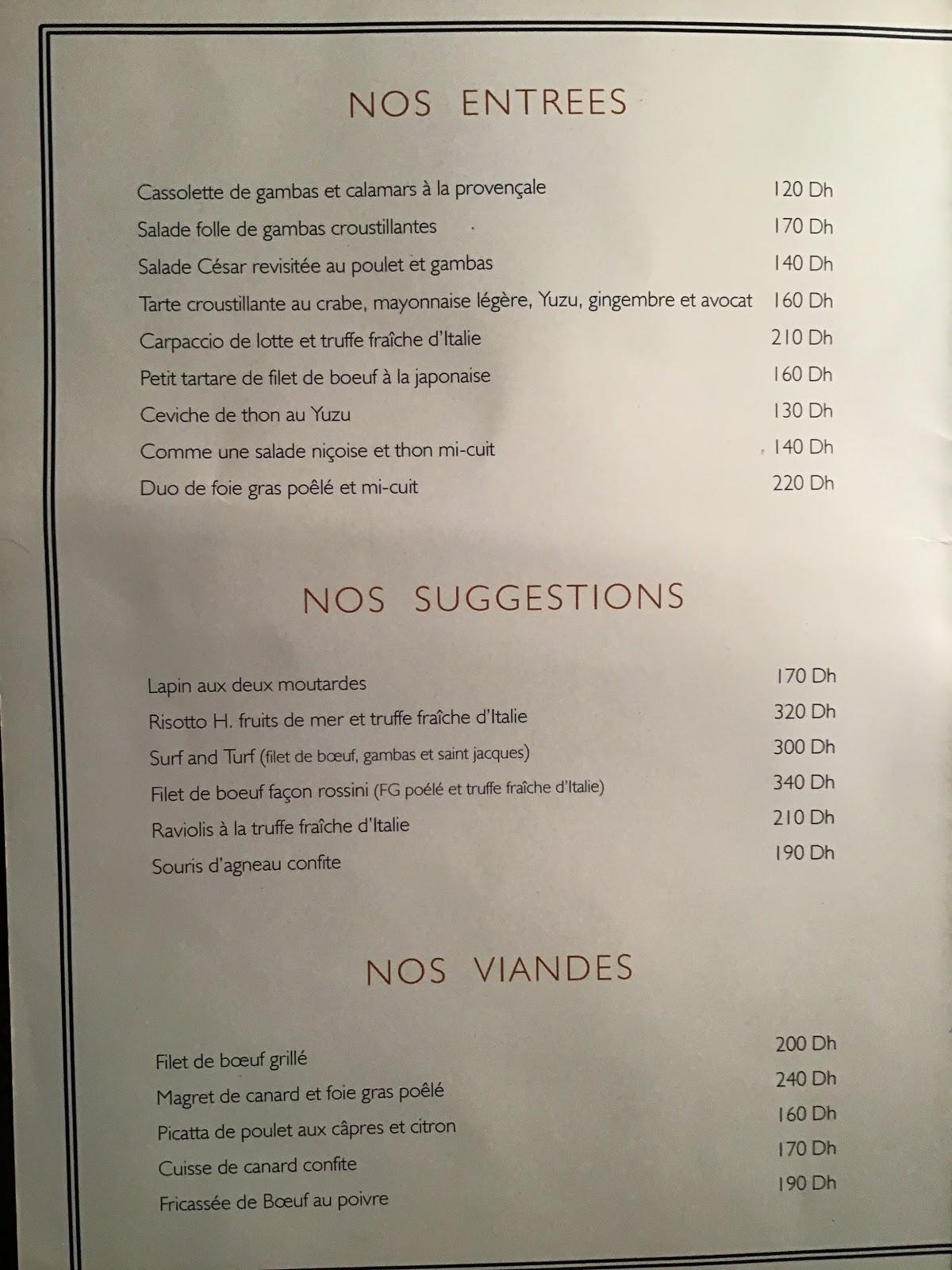 Menu at Ô Saveur restaurant, Tangier