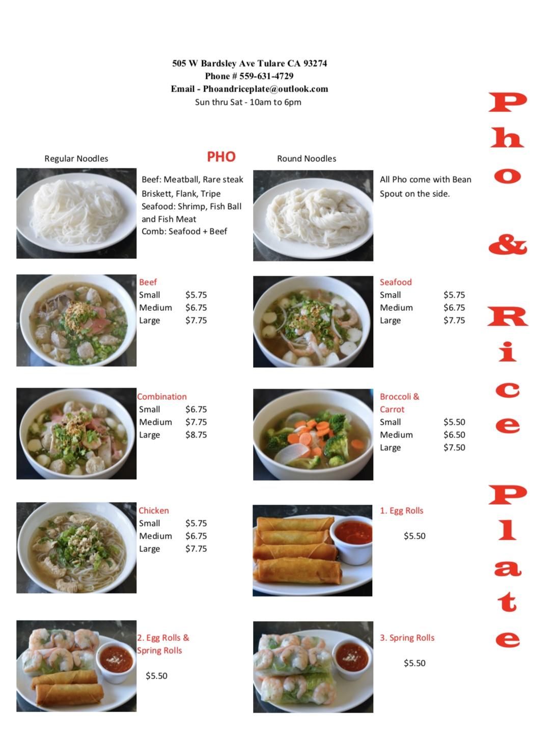 Menu at Pho and Rice Plate restaurant, Tulare