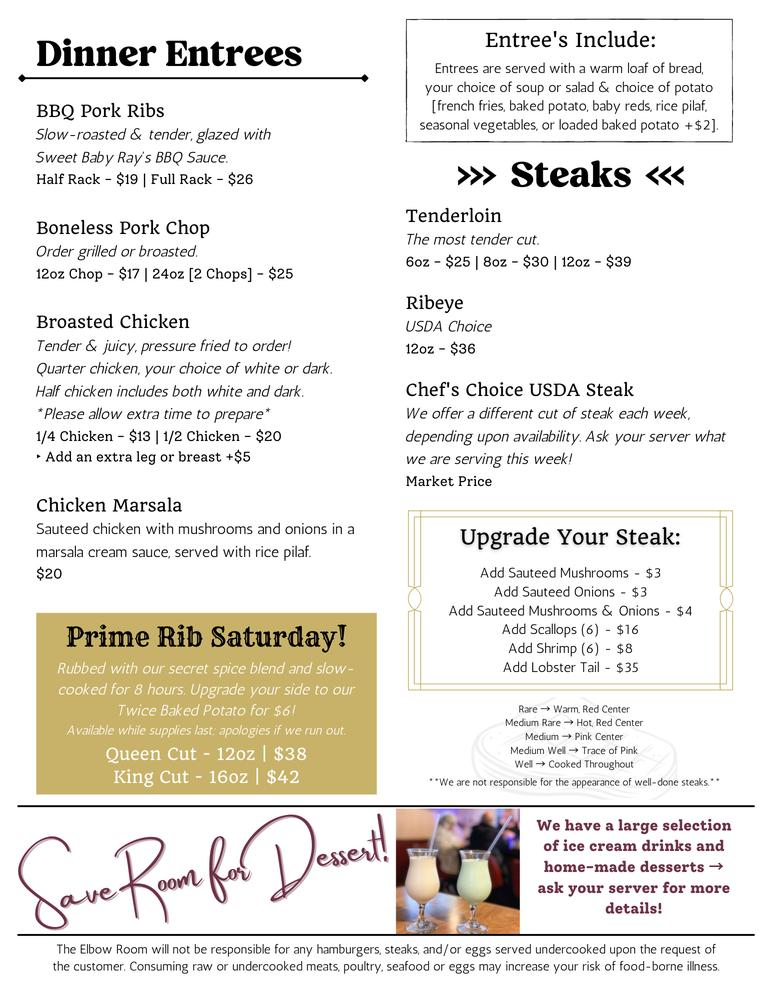 Menu at The Elbow Room steakhouse, Manitowoc