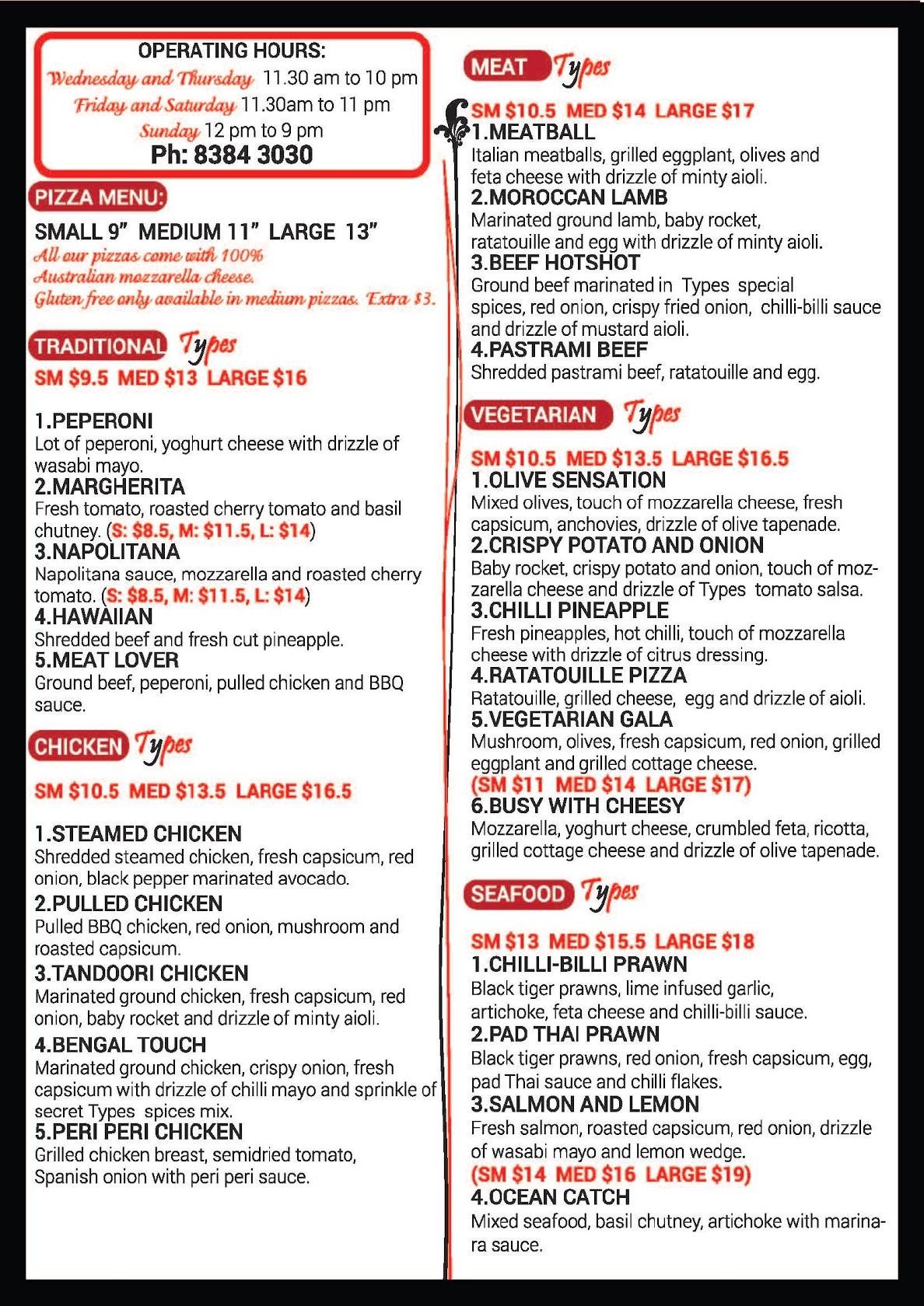 Menu at Types pizza pizzeria, Lakemba