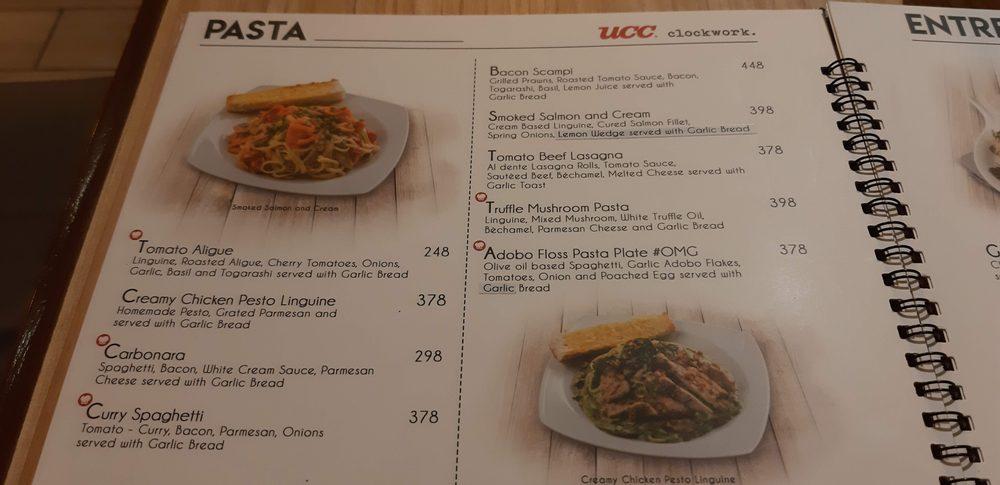 Menu at UCC Clockwork cafe, Bacolod