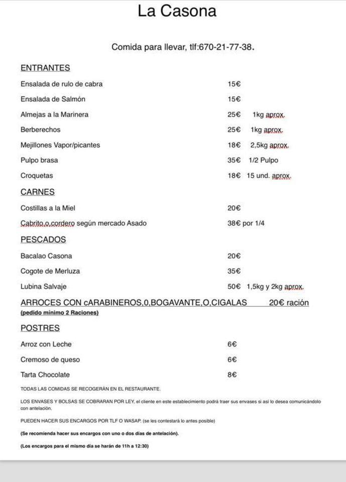 Carta de Restaurante La Casona, Bustarviejo