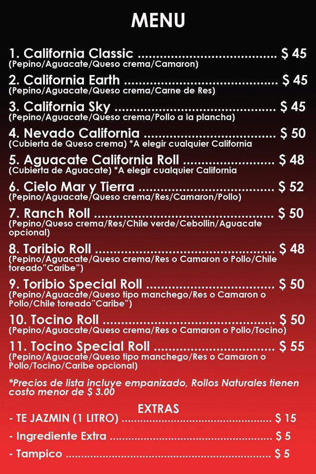 Menu at Tanyi Sushi restaurant, Ciudad Obregón