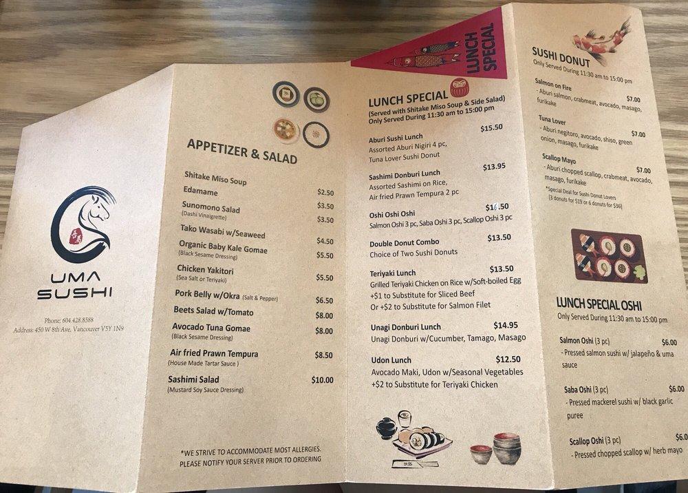 Menu at Uma Sushi restaurant, Vancouver