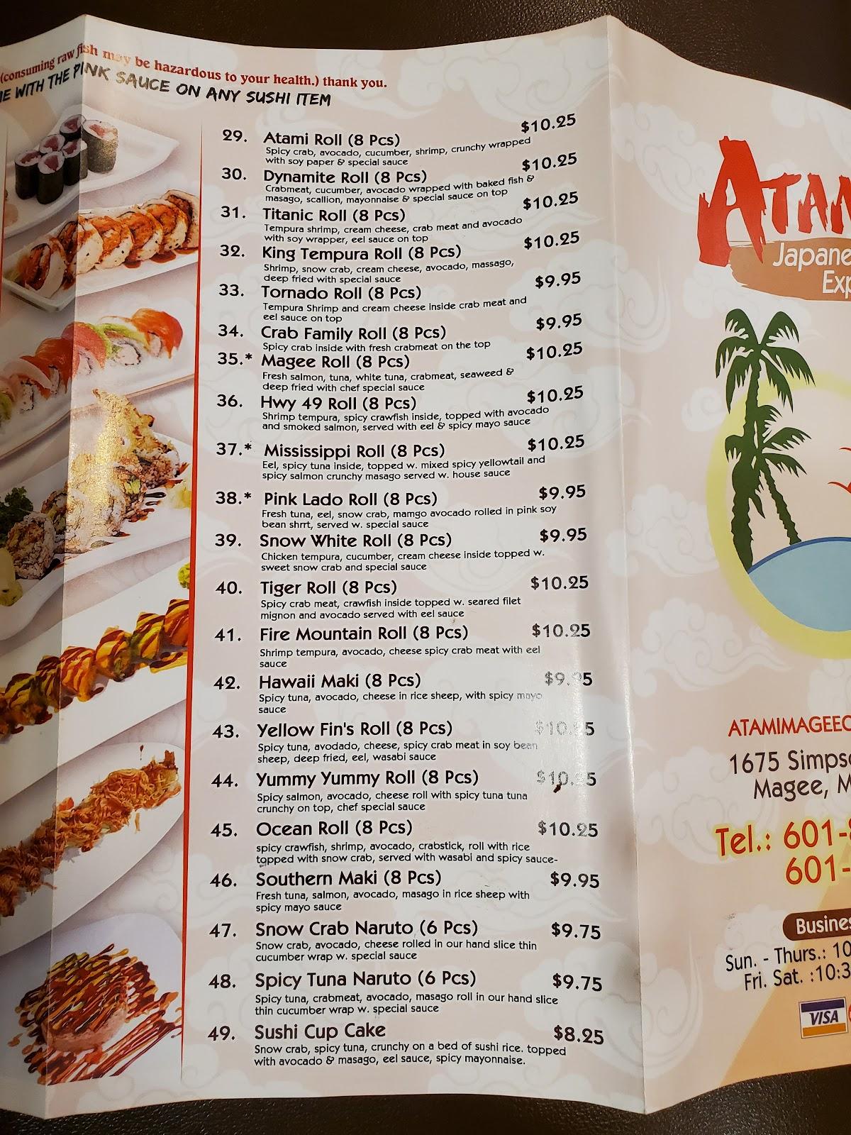 Menu at Atami of Magee restaurant, Magee