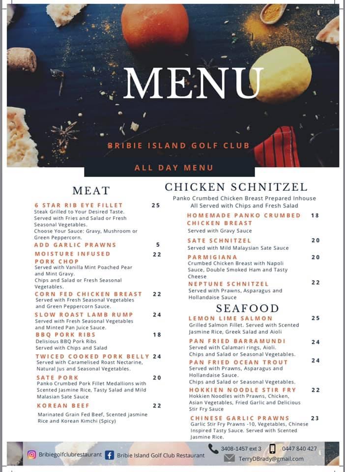 Menu at Bribie lsland Golf Club, Woorim