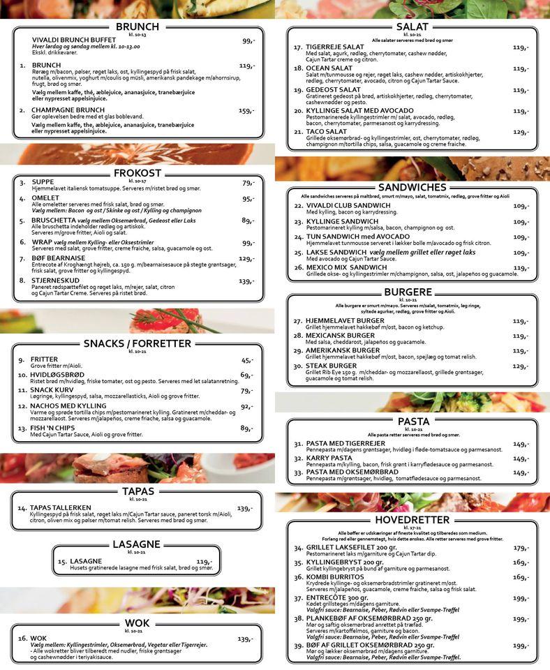 Menu at Café Vivaldi cafe, Helsingør