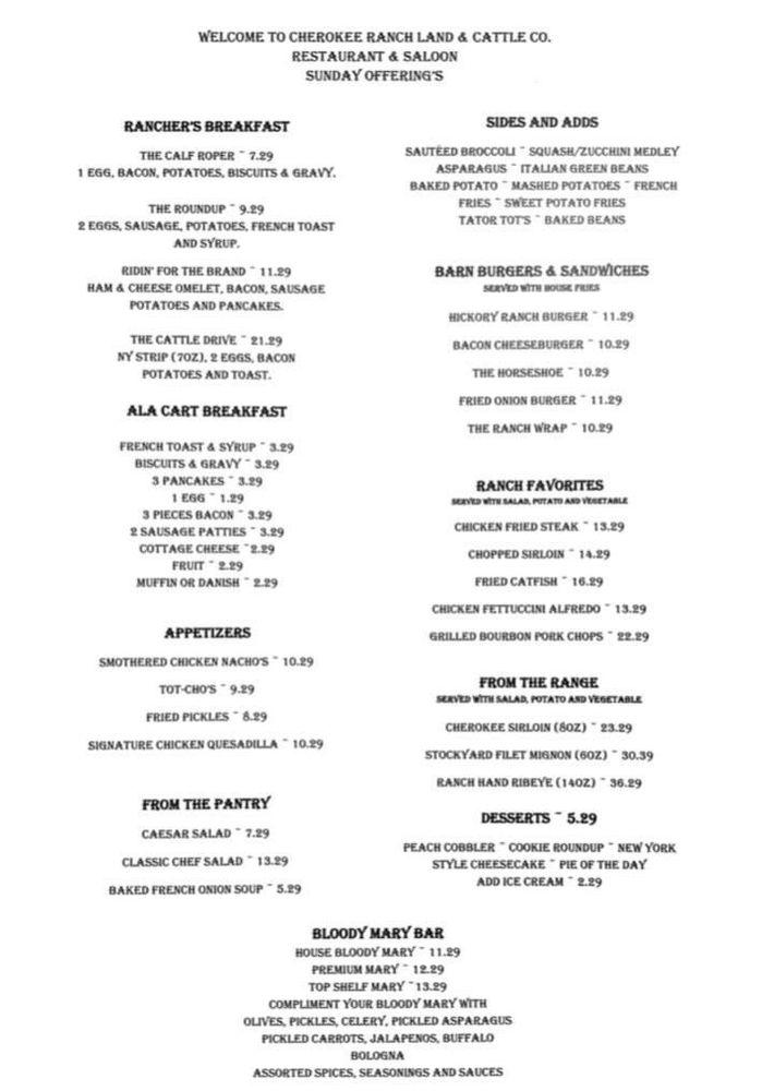 Menu at Cherokee Ranch Land & Cattle Co. steakhouse, Enid