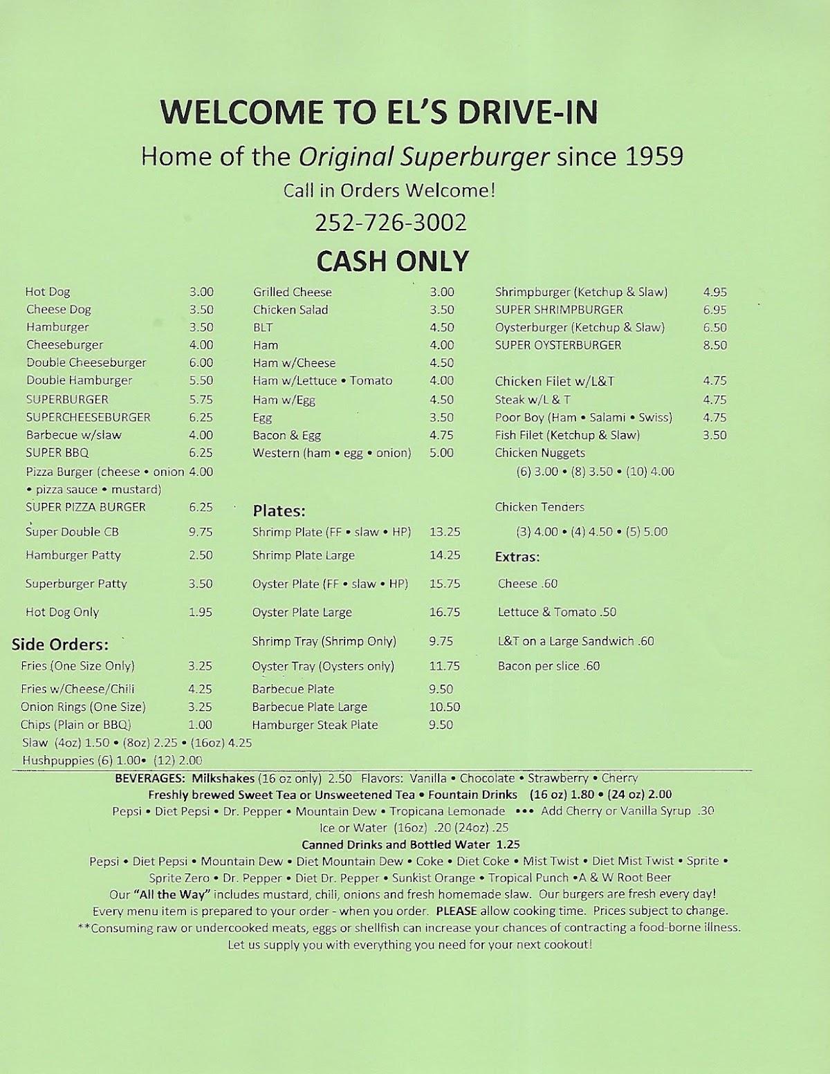 Carta de comida rápida El's Drive-In, Morehead City