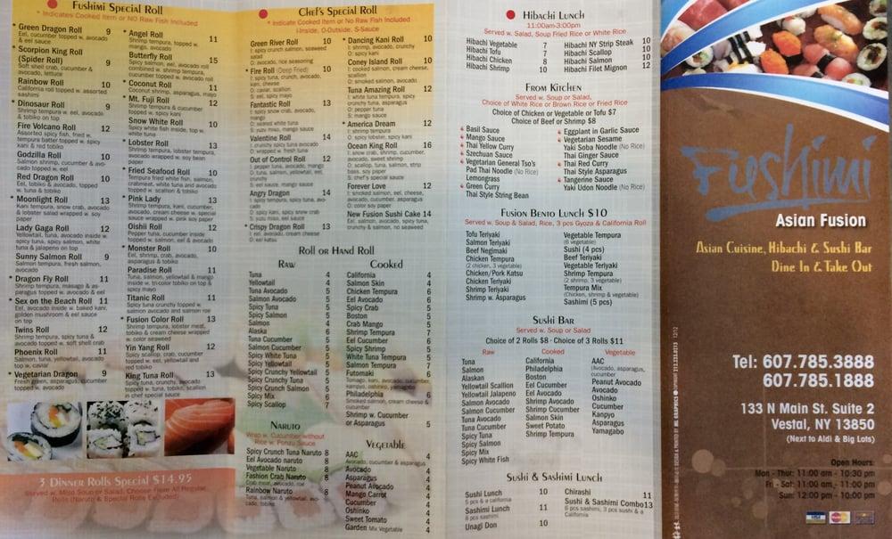 Menu at Fushimi Asian Fusion restaurant, Vestal