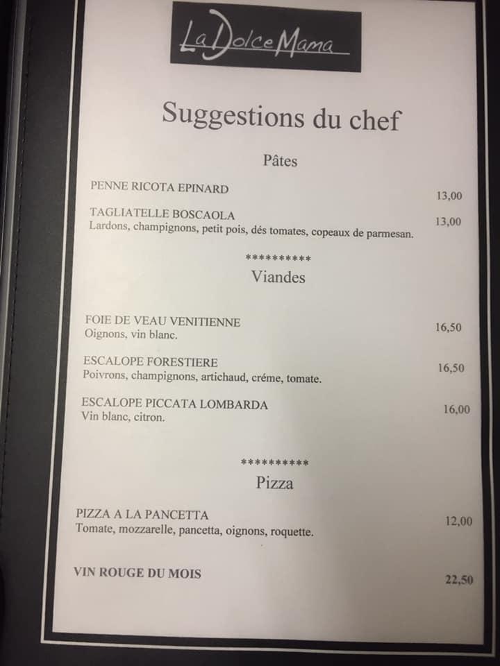 Menu au La Dolce Mama, Eghezee