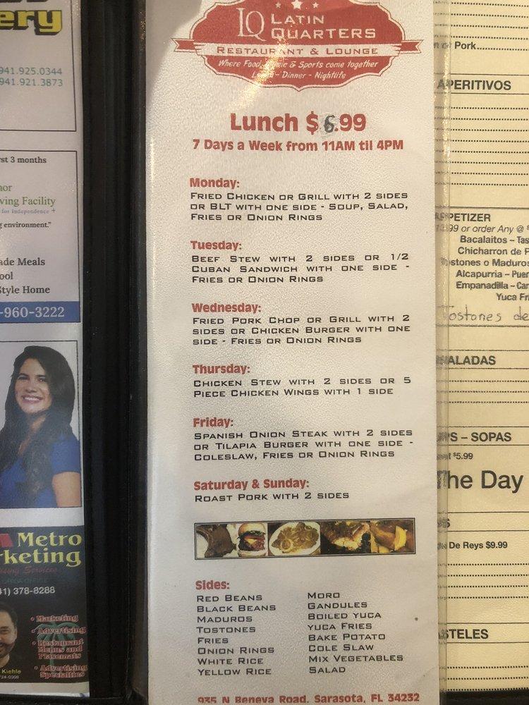 Menu at Latin Quarters restaurant, Sarasota