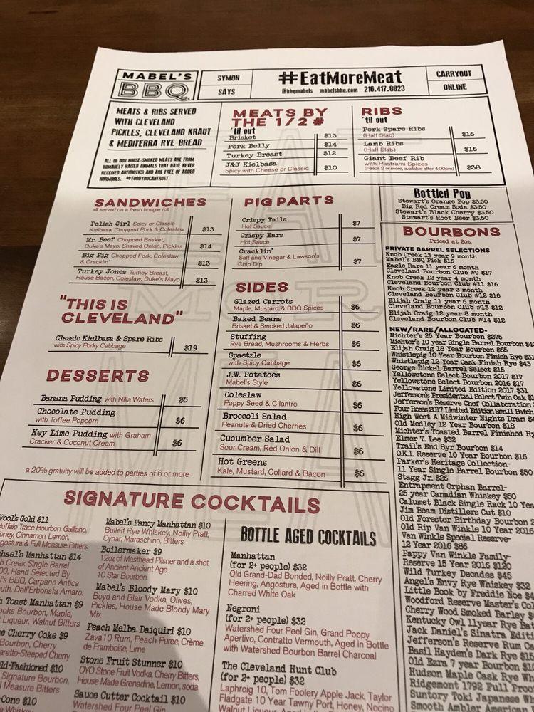 Menu at Mabel's BBQ, Cleveland