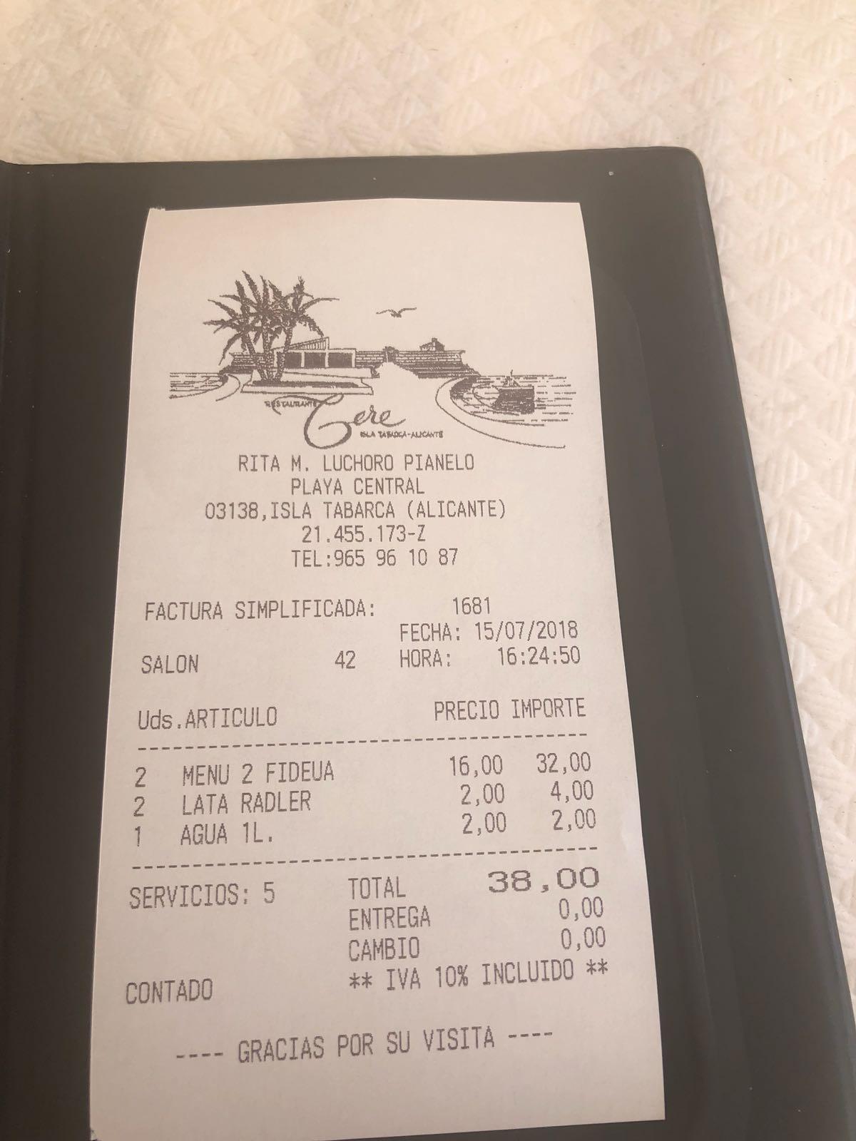 Carta de Restaurant Tere, Tabarca
