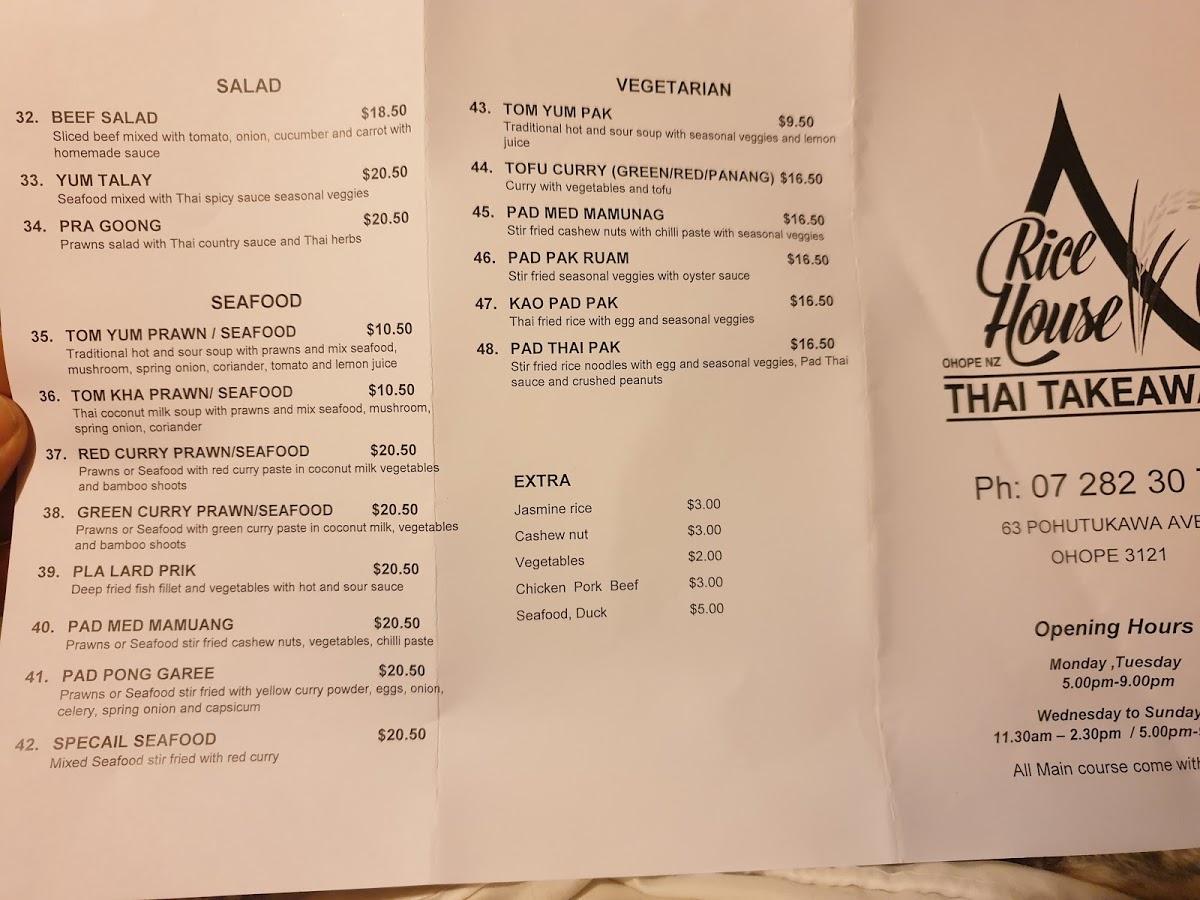 Menu at Rice House Thai Takeaway restaurant, Ohope