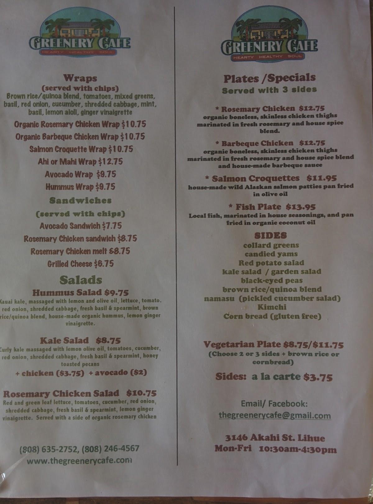 Menu at The Greenery Cafe, Lihue