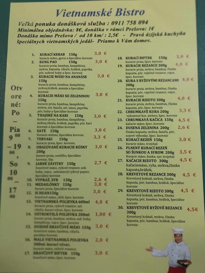 Menu at Vietnamské bistro restaurant, Prešov