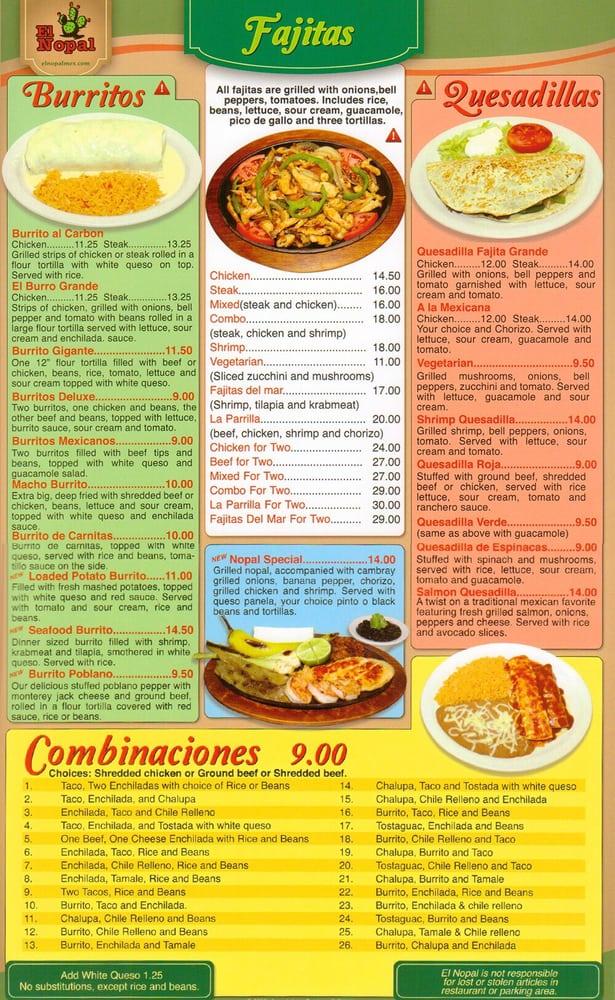 Menu at El Nopalito pub & bar, Corydon, Old Hwy 135