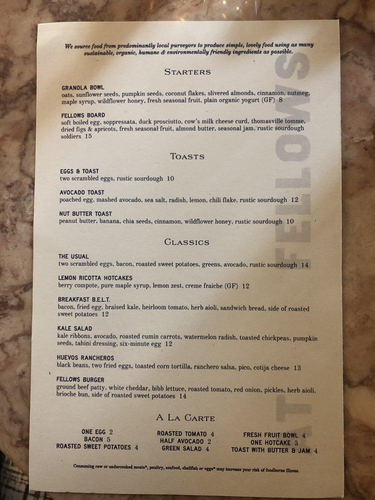 Menu at Fellows Cafe, Roswell