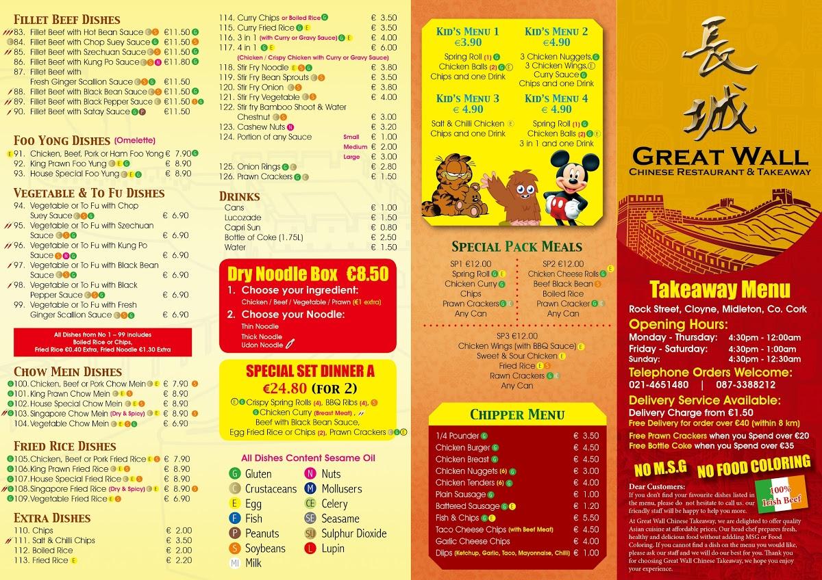 Menu at Great Wall Chinese Restaurant, Cloyne
