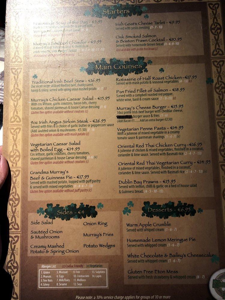 Menu at Murray’s Bar, Dublin, 33-34 O'Connell Street Upper