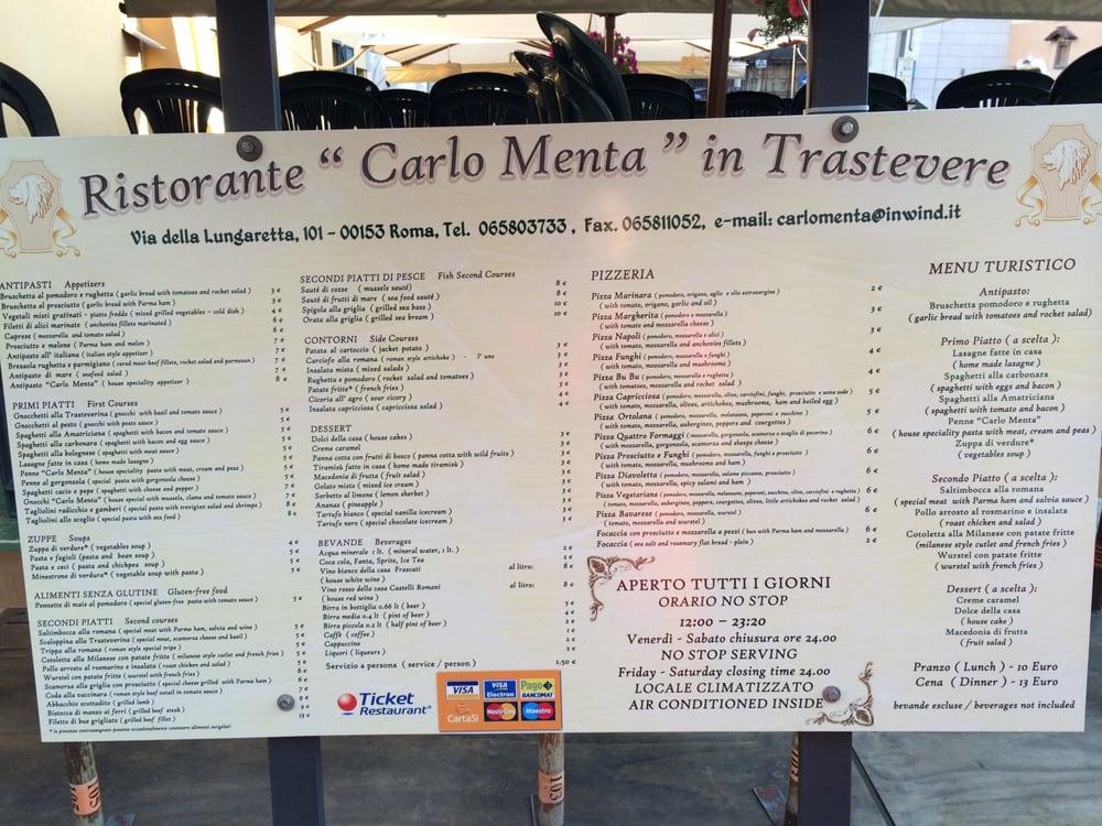 Menu da Ristorante Carlo Menta, Roma, Via della Lungaretta