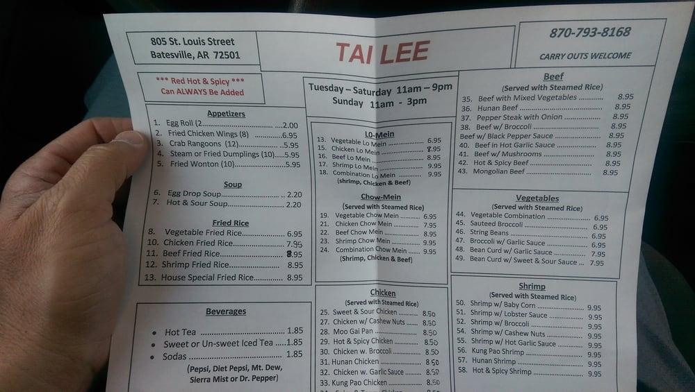 Menu at Tailee Chinese Restaurant, Batesville