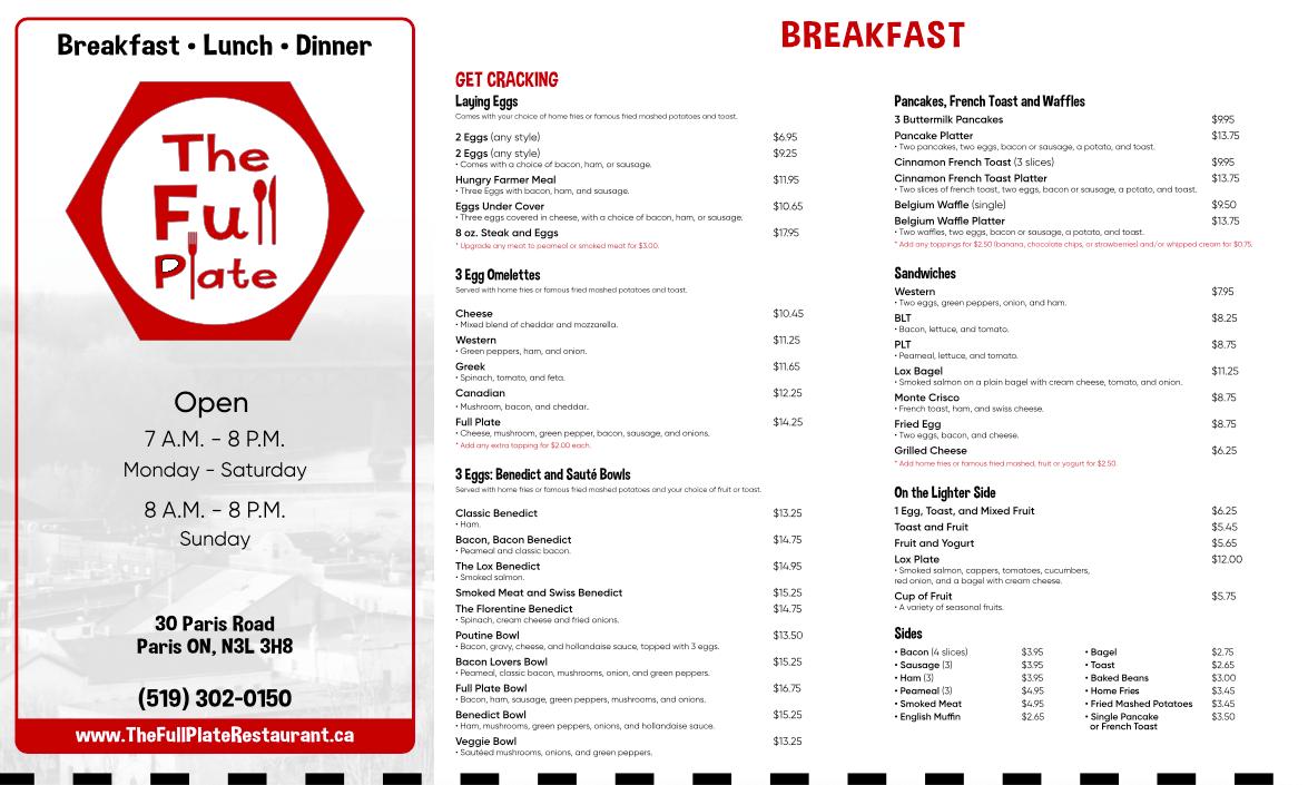 Menu au The Full Plate restaurant, Comté de Brant