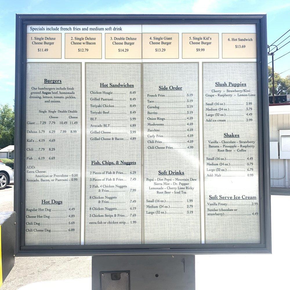 Menu at Village Drive-In fast food, Sacramento