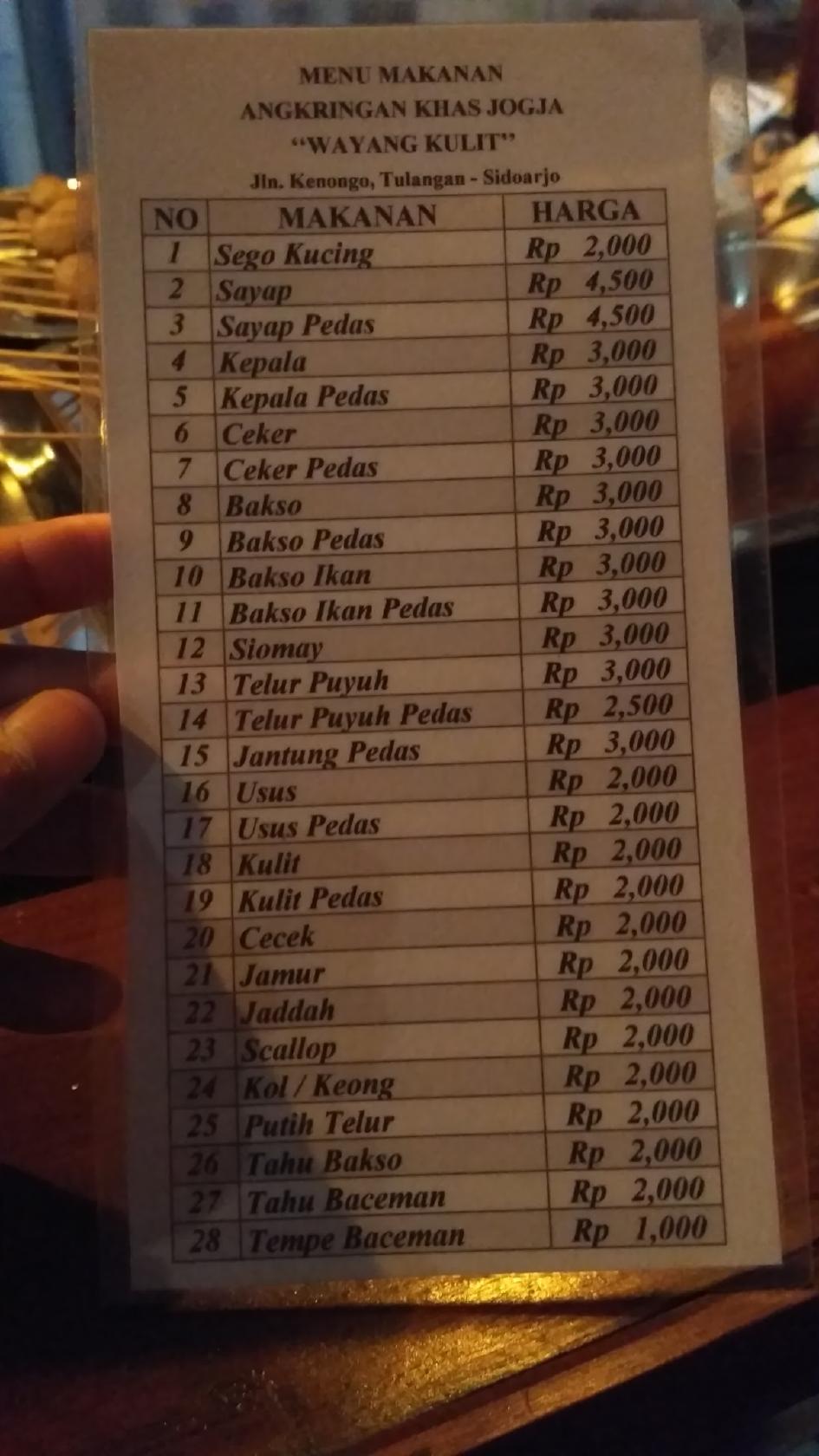 Menu at Angkringan Wayang Kulit Kenongo, Tulangan