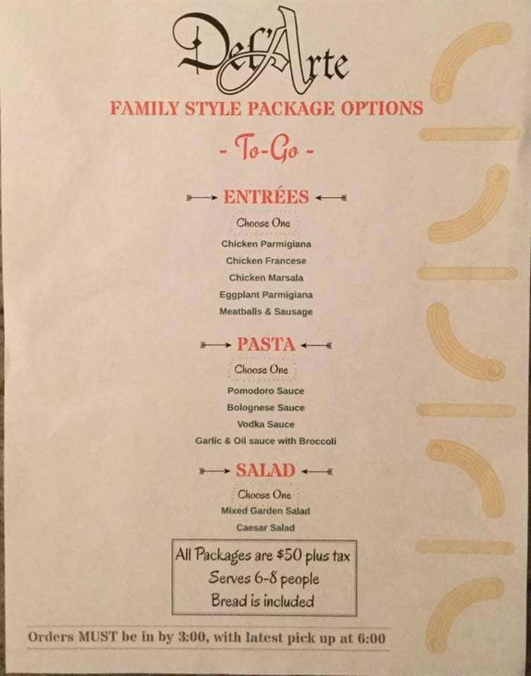 Menu at Del' Arte Restaurant, Orangeburg