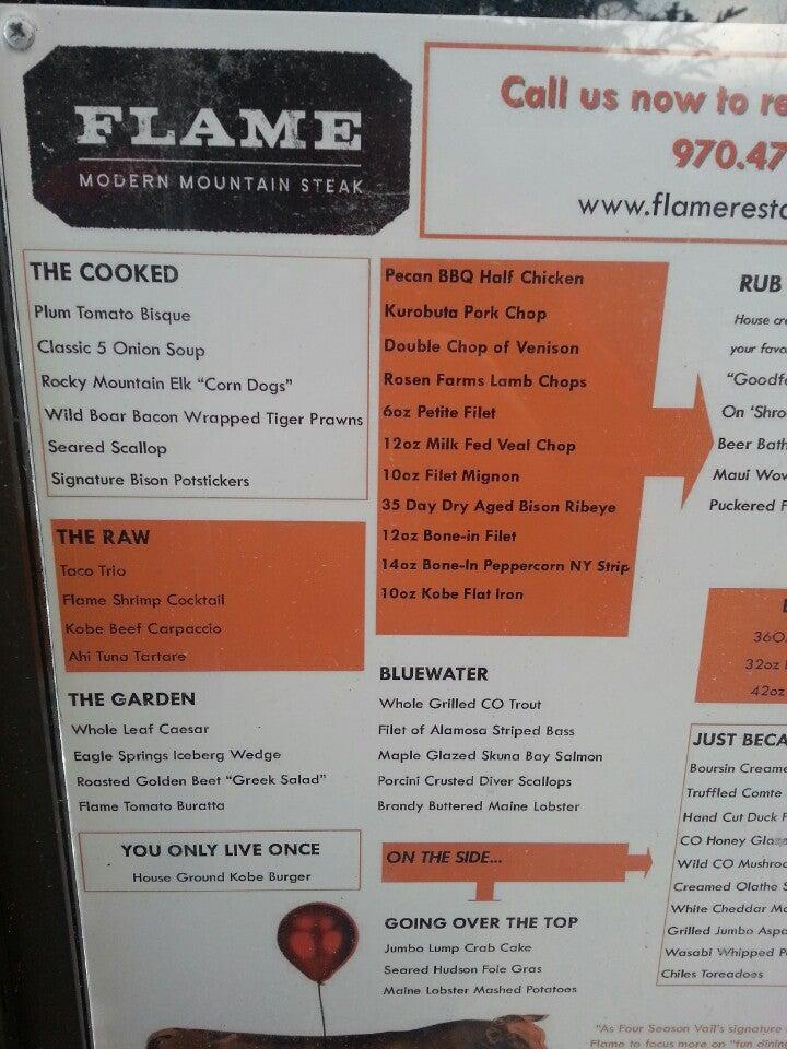 Menu at Flame steakhouse, Vail