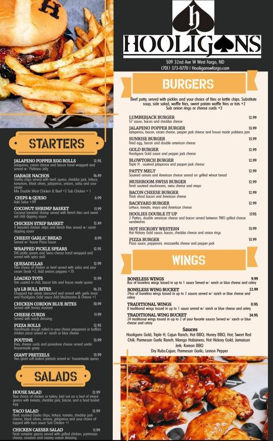 Menu at Hooligans pizzeria, West Fargo