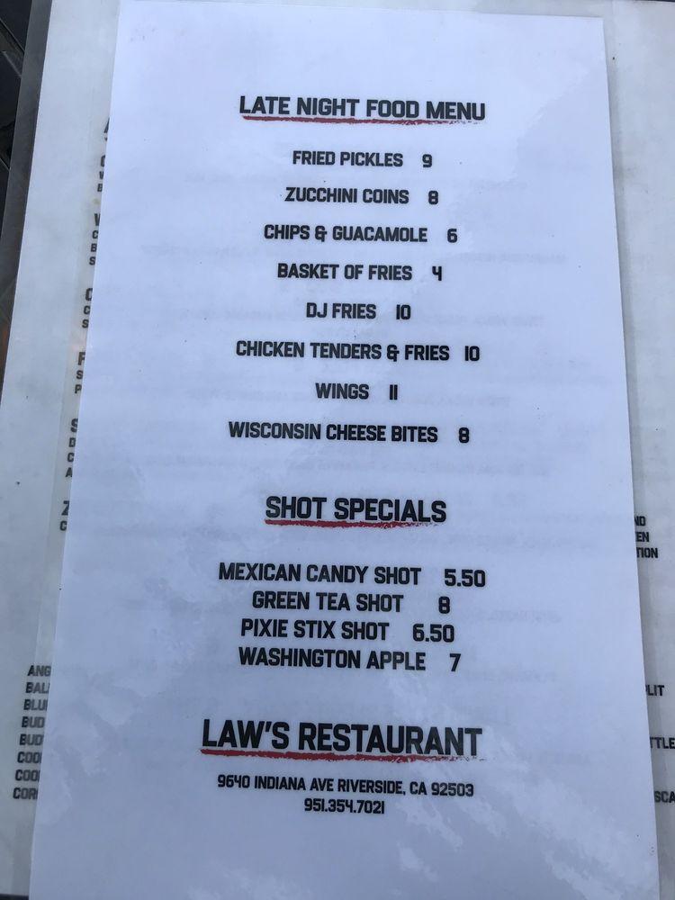 Menu at Law's Restaurant, Riverside