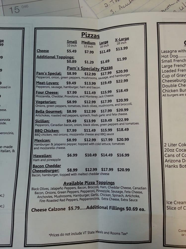 Menu at Pam's Place pizzeria, Swanton, 77 1st St