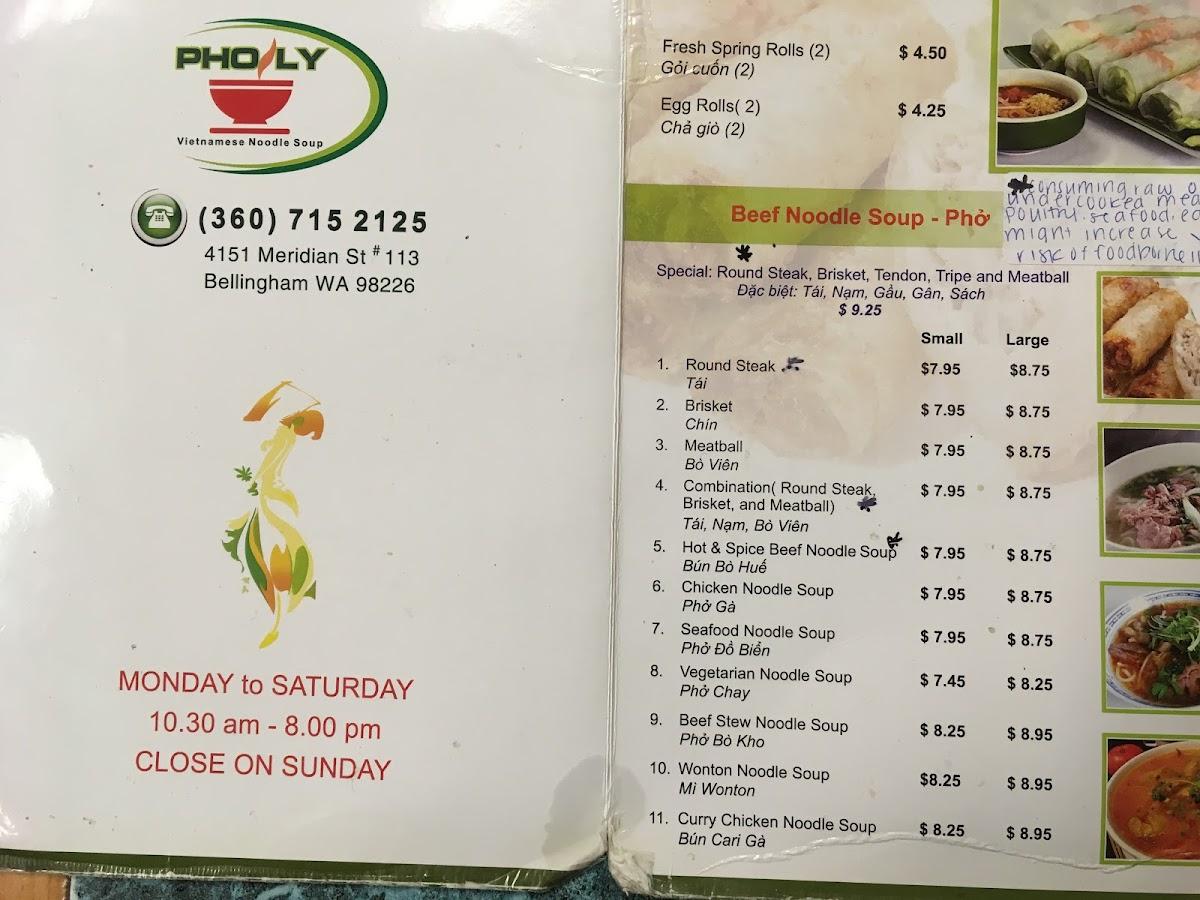 Menu at Pho Ly restaurant, Bellingham, 4151 Meridian St # 113