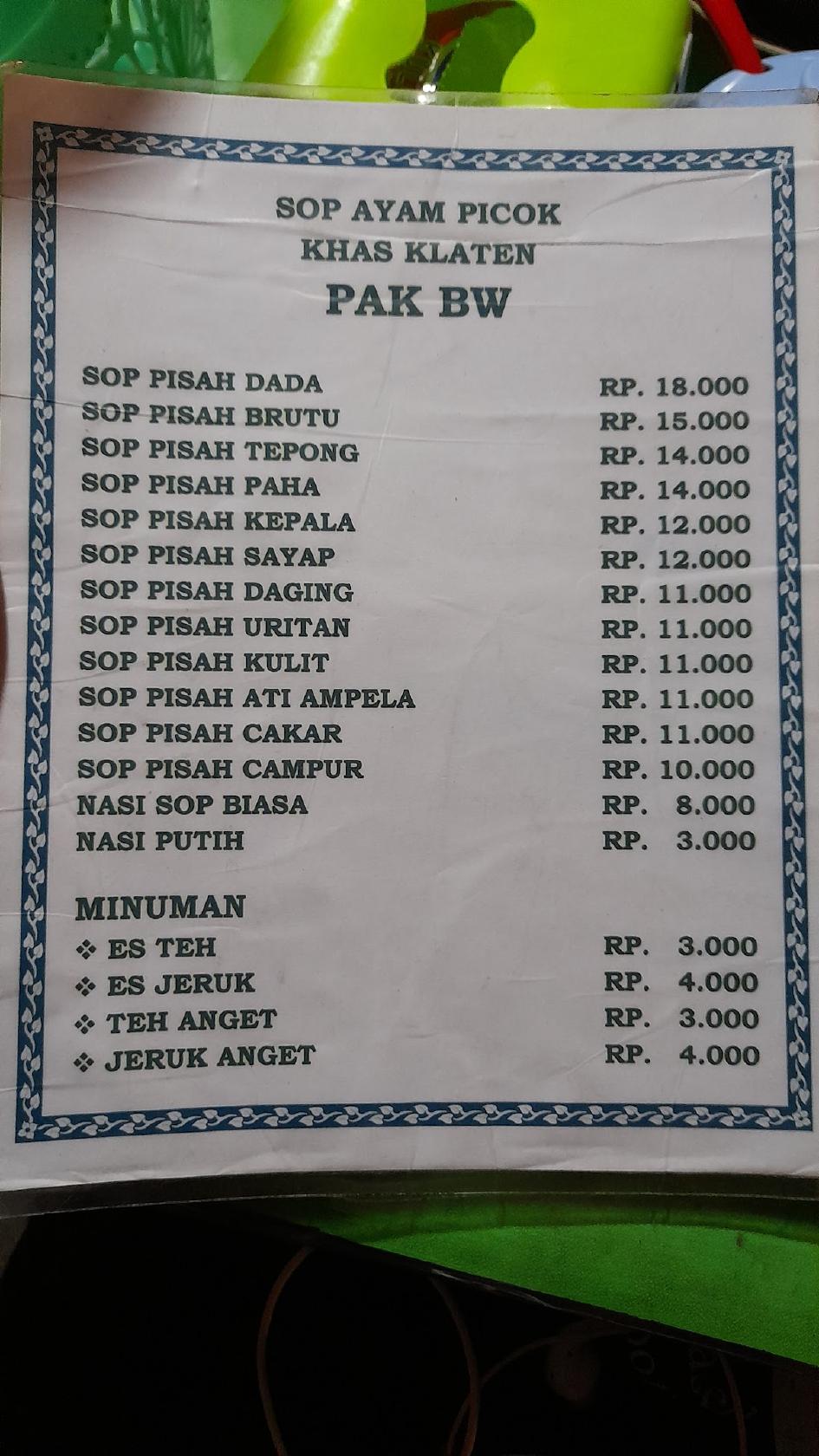 Menu at Sop Ayam Picok khas Klaten Pak BW restaurant, Surakarta