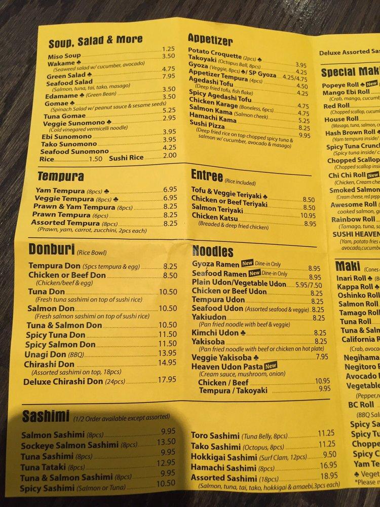 Menu at Sushi Heaven in New Westminster restaurant, New Westminster ...