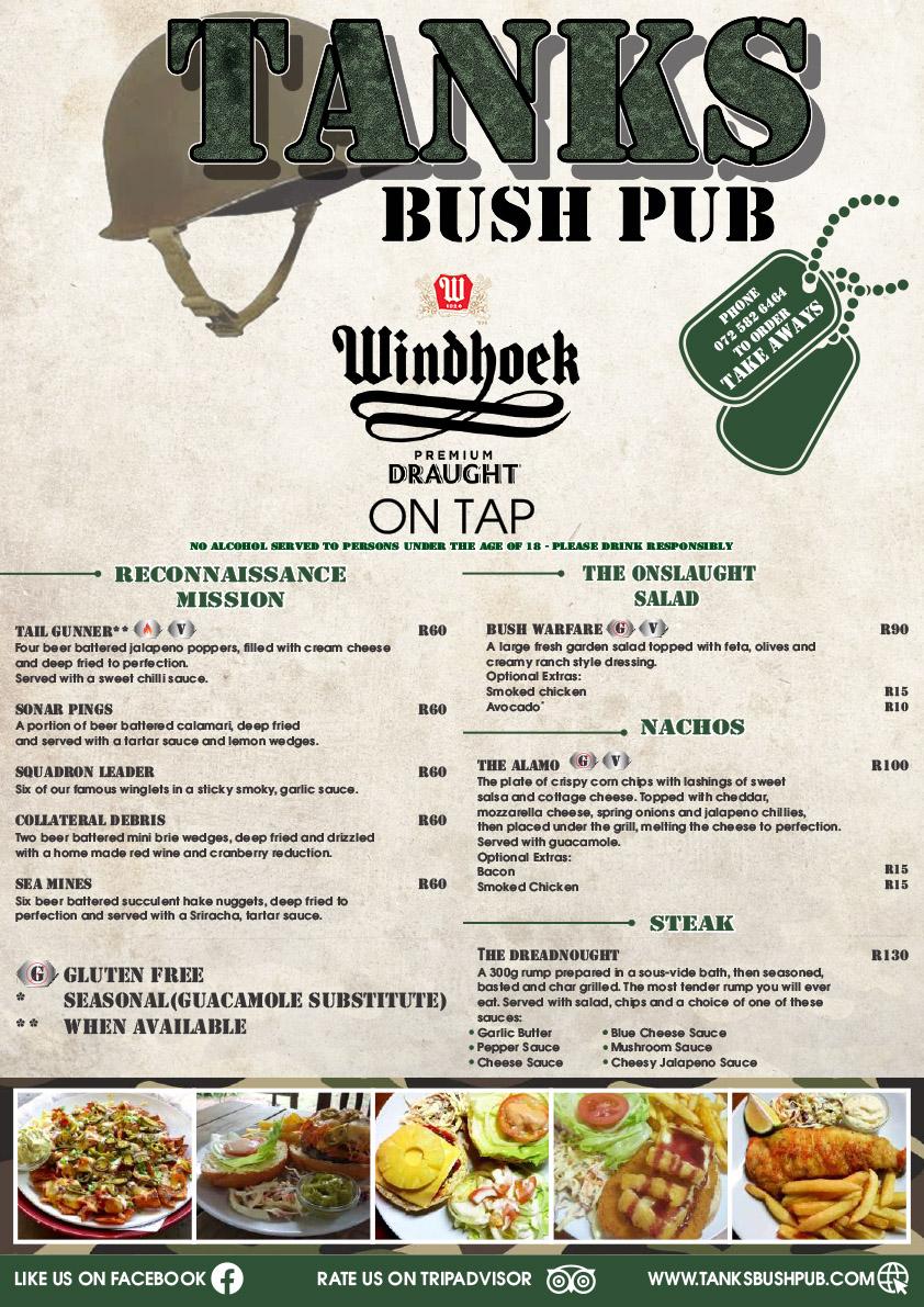 Menu at Tanks Bush Pub, Hazyview, R536