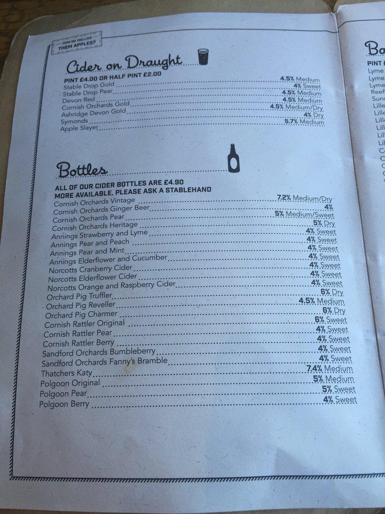 Menu at The Fistral Stable restaurant, Newquay, Fistral Beach