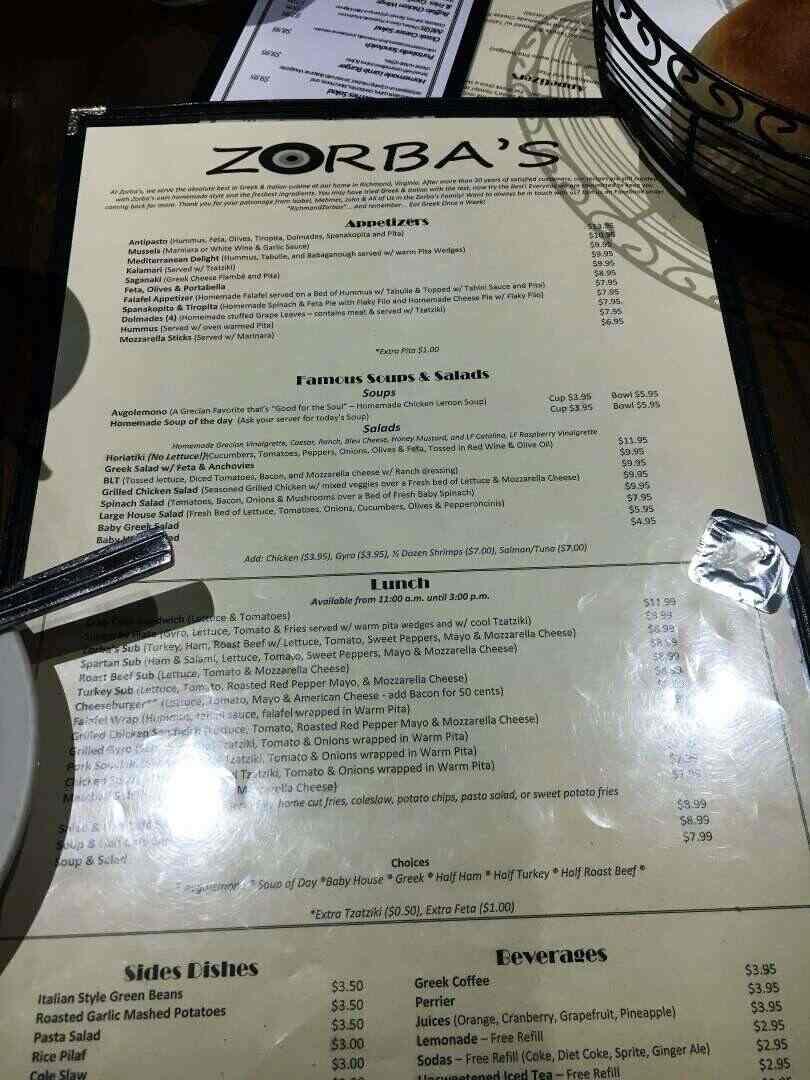 Menu at Zorbas Greek Italian Cuisine restaurant, Laurel