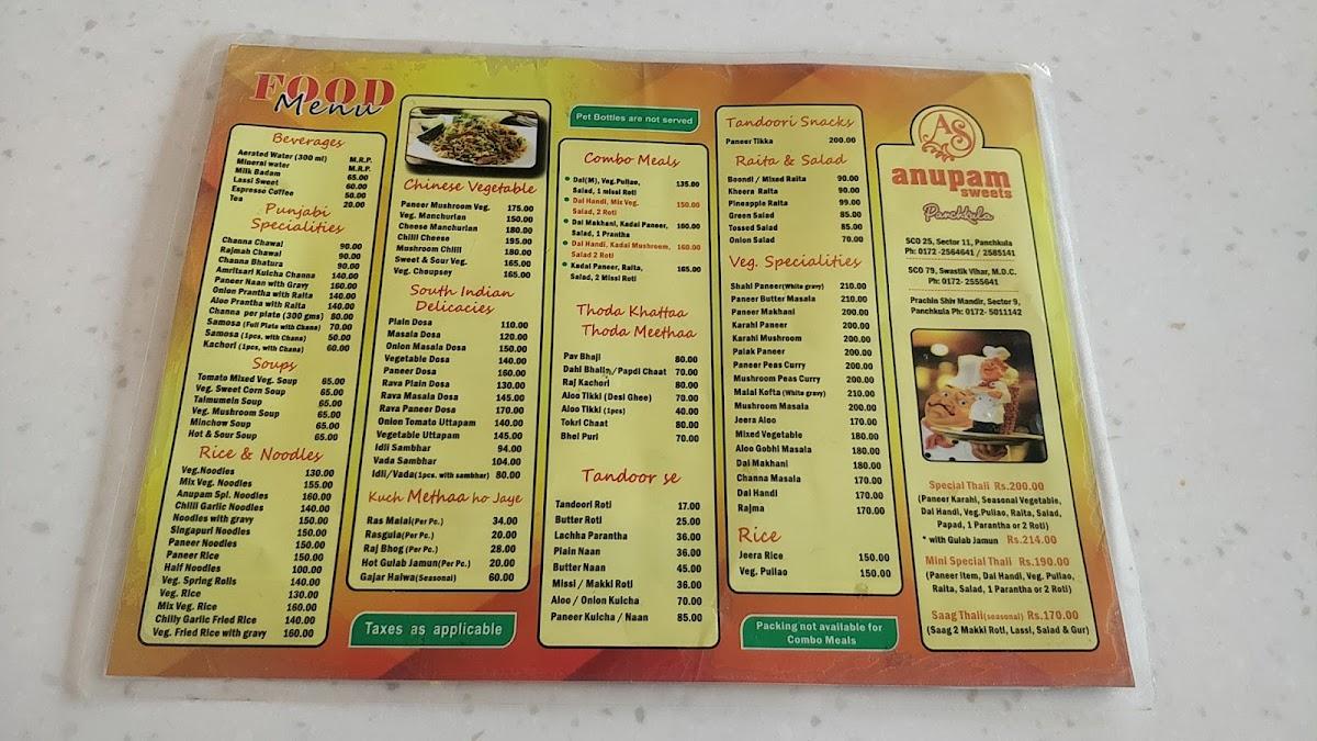 Menu at Anupam Sweets, Panchkula, Mansa Devi Complex, SCO 79, Mansa ...